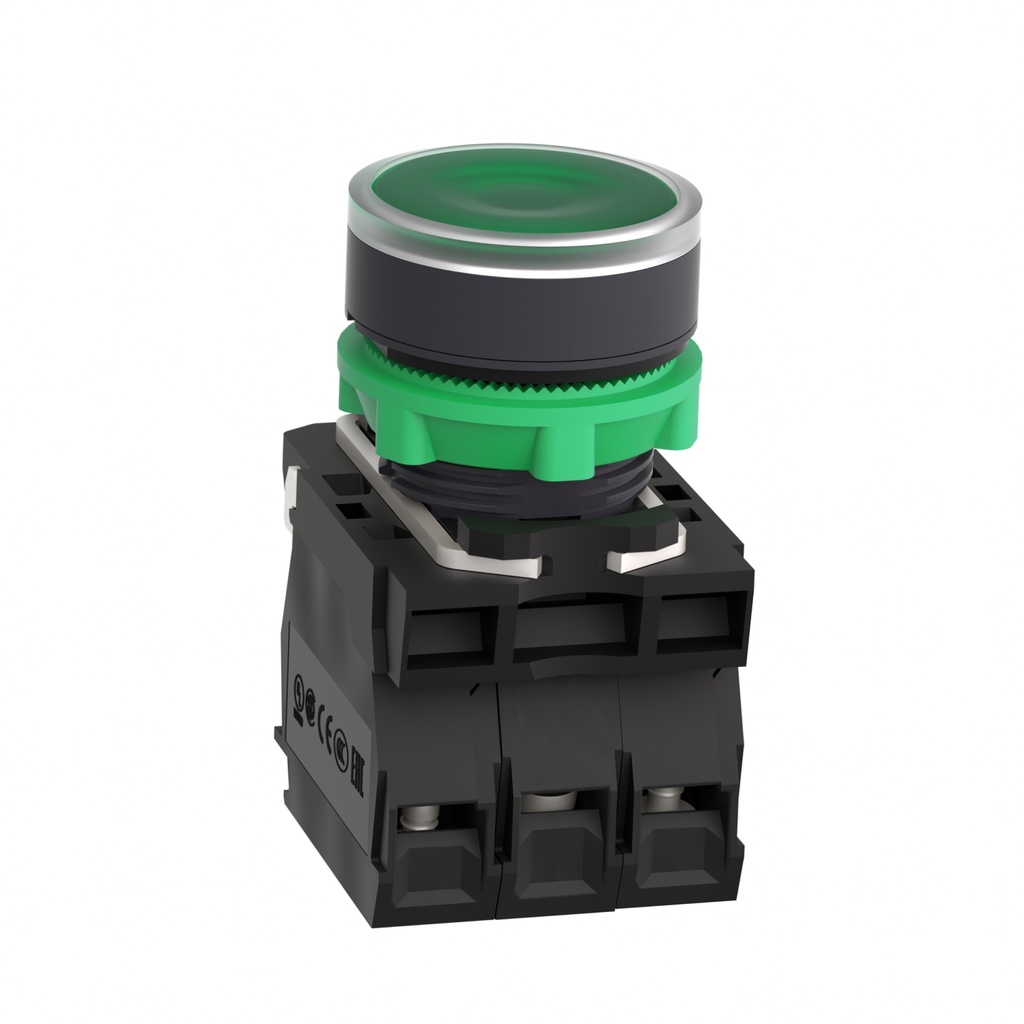 PULSADOR LUMINOSO VERDE PLASTICO XB5AW33B5 22MM 1NA + 1NC - 24VAC/VDC | Almacenes Marriott